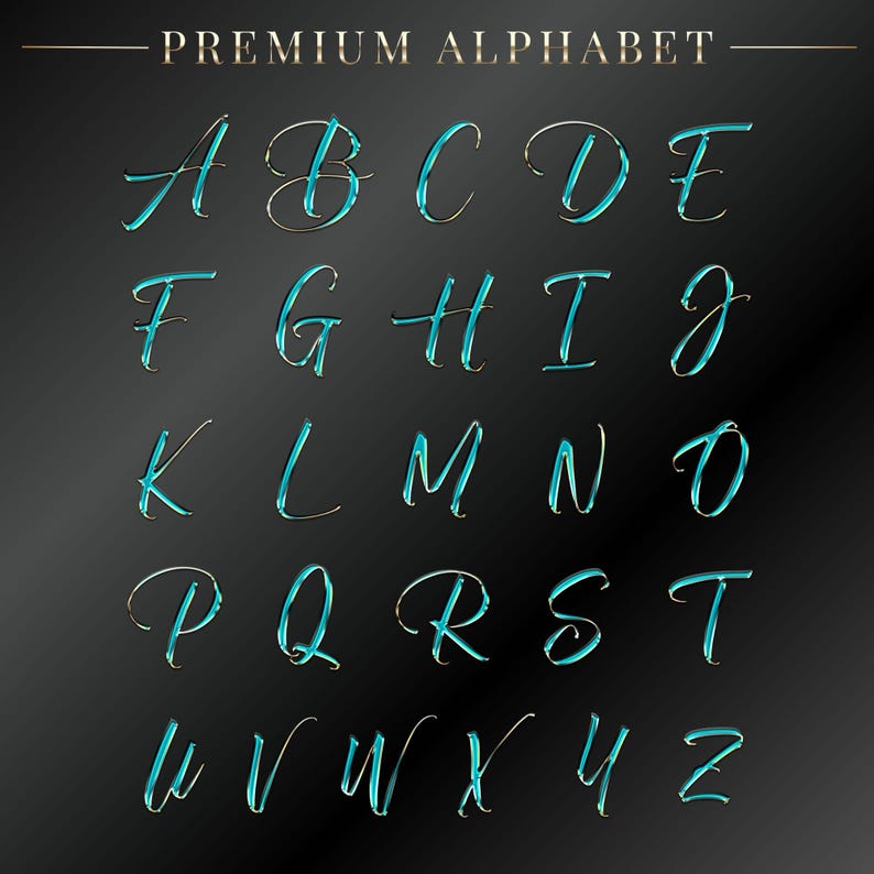 Teal Script Alphabet PNG Clipart, Cursive Chrome Letters (digital ...