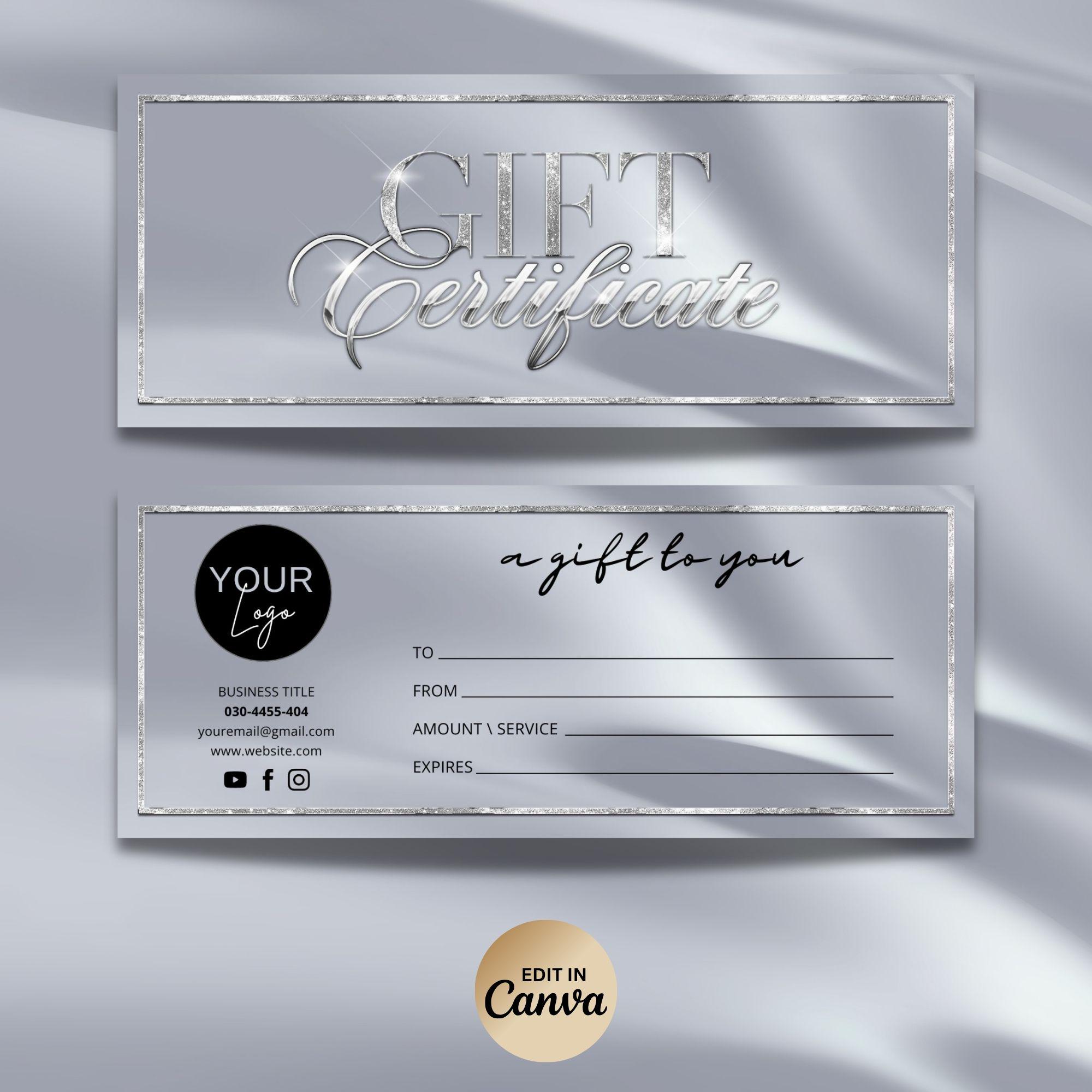 Silver Gift Certificate Template, DIY Gift Voucher, Editable Gift ...