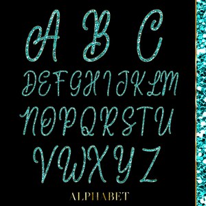 Teal Script Doodle Alphabet Png Clip Art, Blue Cursive Glitter Letters ...