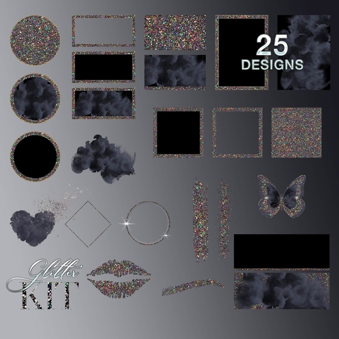 Glitter Black Branding Kit CLIPART, Glam Frames Png, Black Smoke Png ...