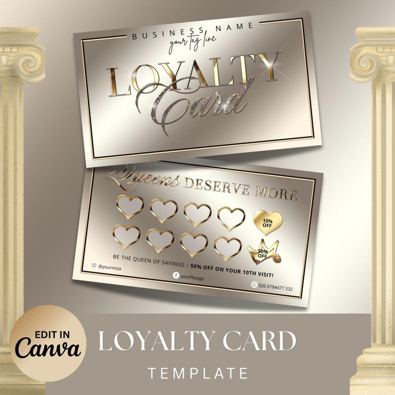 Champagne Gold Loyalty Card Template, Beauty Loyalty Card DIY, Rewards ...