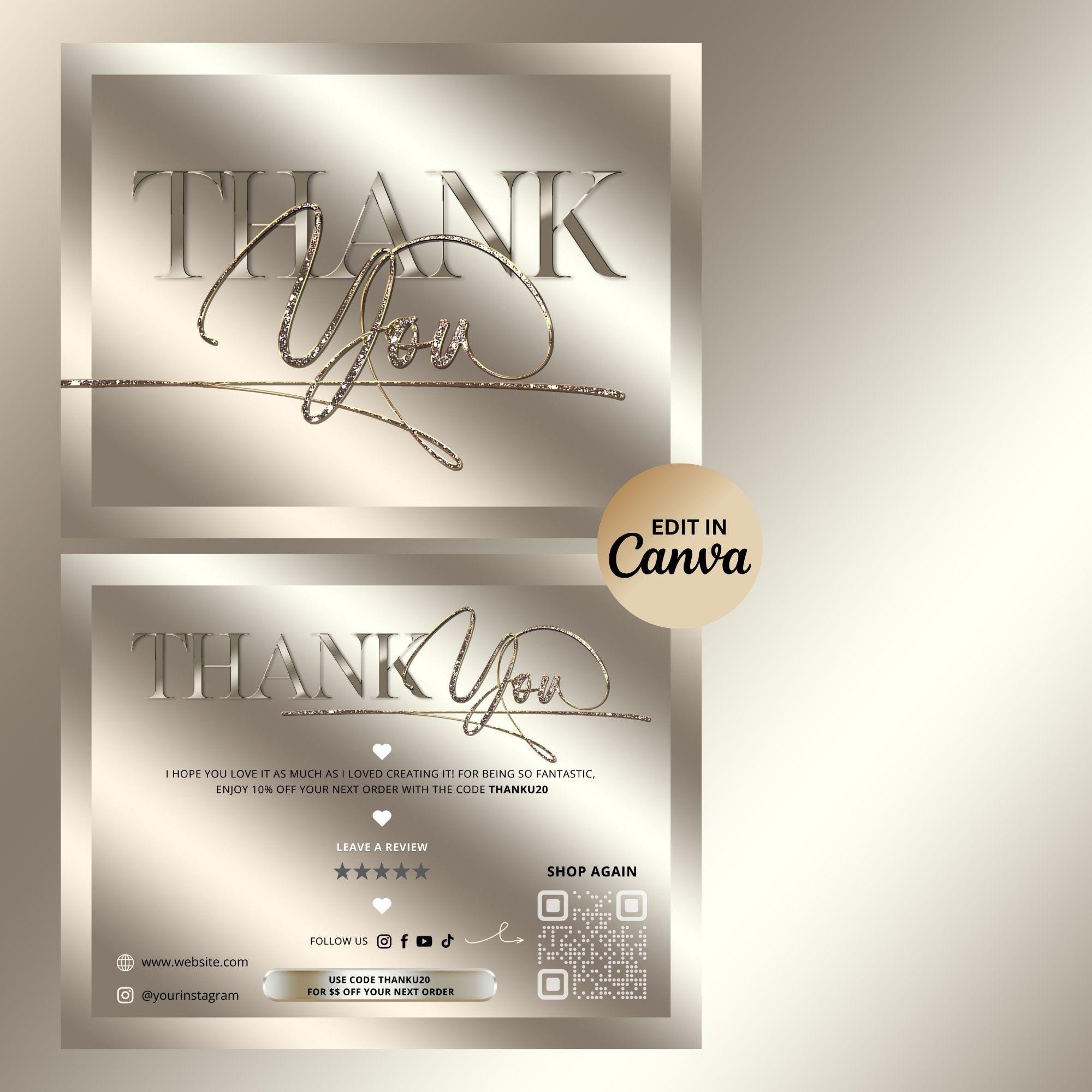 Luxury Gold Thank You Card Template, Editable Canva Business Thank You ...