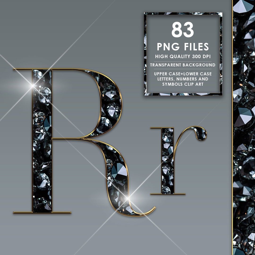 Black Diamond Alphabet PNG, Black Glitter in Gold Alphabet PNG, Glam ...