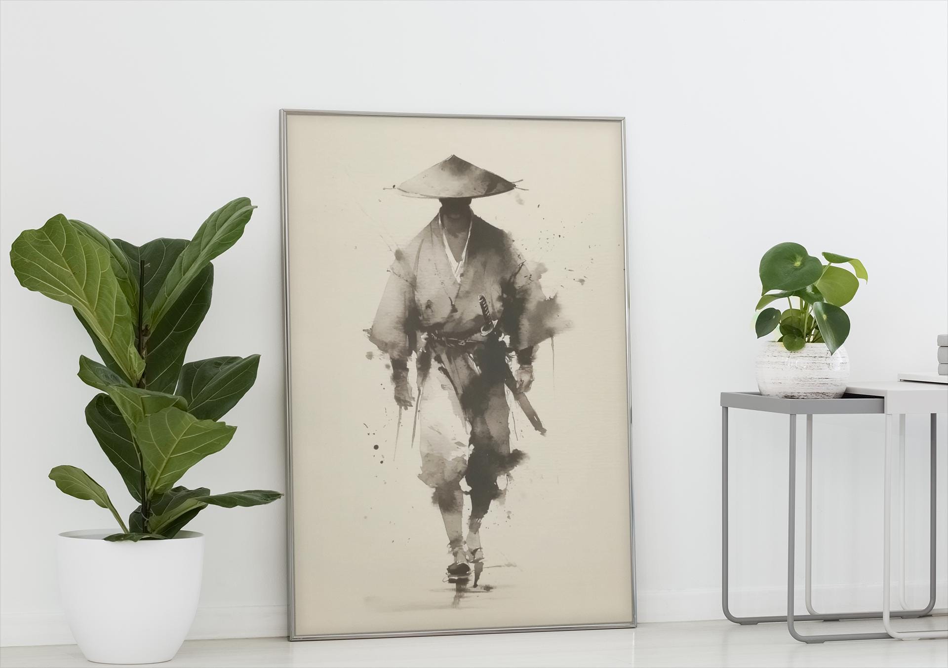 Japanese Ink Wash Samurai Art Print: Monochrome Quiet Warrior Scene - Etsy