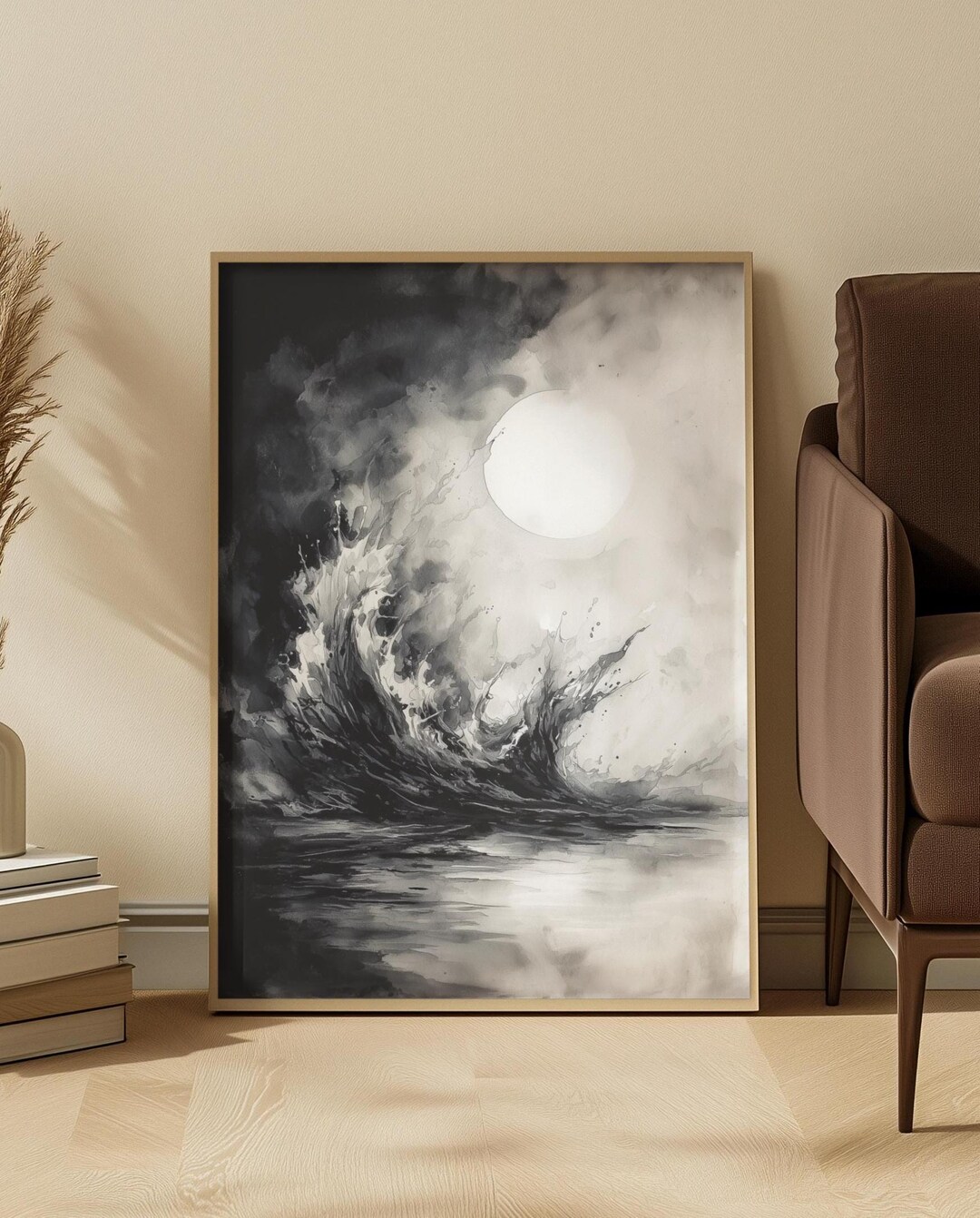 Abstract Ink Ocean Wave Art Print: Monochrome Moonlit Storm Serenity - Etsy
