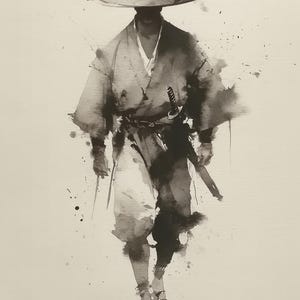 Japanese Ink Wash Samurai Art Print: Monochrome Quiet Warrior Scene - Etsy