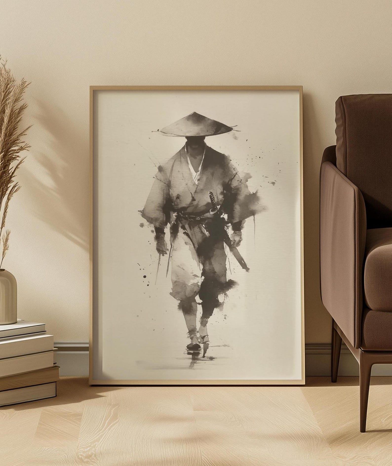 Japanese Ink Wash Samurai Art Print: Monochrome Quiet Warrior Scene - Etsy