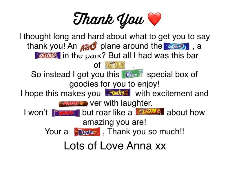 Thank You Chocolate Poem Box - Etsy UK