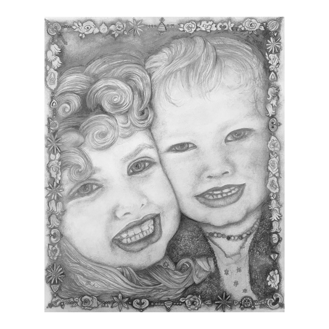 Custom Hand Drawn Sibling Portrait, Sisters Portrait With Birth Flower ...