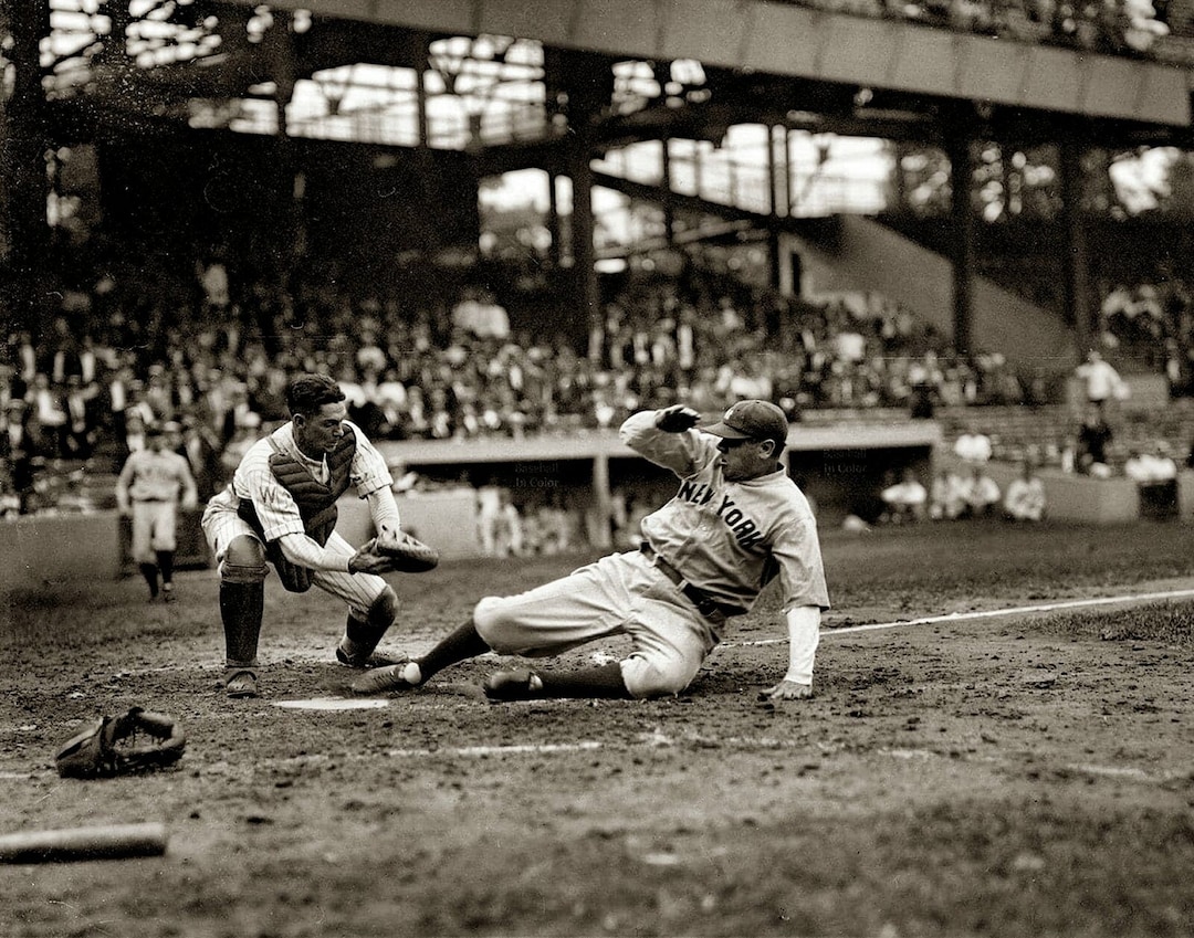 1925 New York Yankees BABE RUTH Slides Under Tag at Griffith Stadium ...