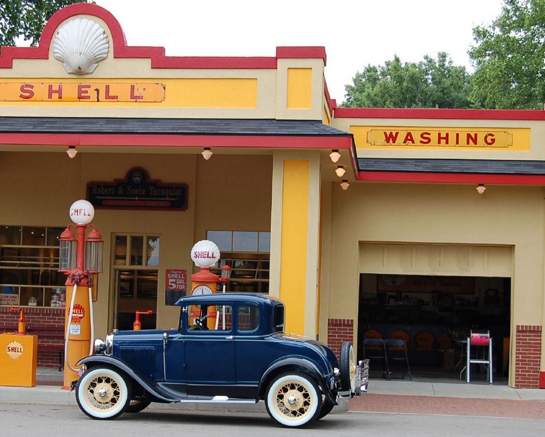 Model A Ford in Front of Refurbished "vintage" SHELL GAS STATION Photo ...