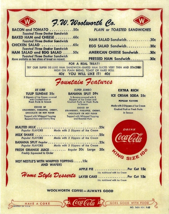 Woolworth Lunch Counter Menu