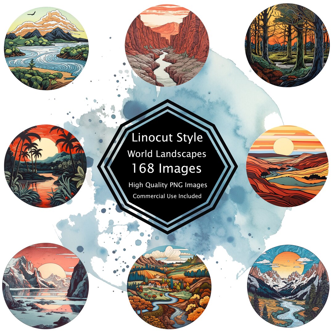Linocut World Landscapes Clipart 168 PNG Mega Bundle, Biomes, Circular ...