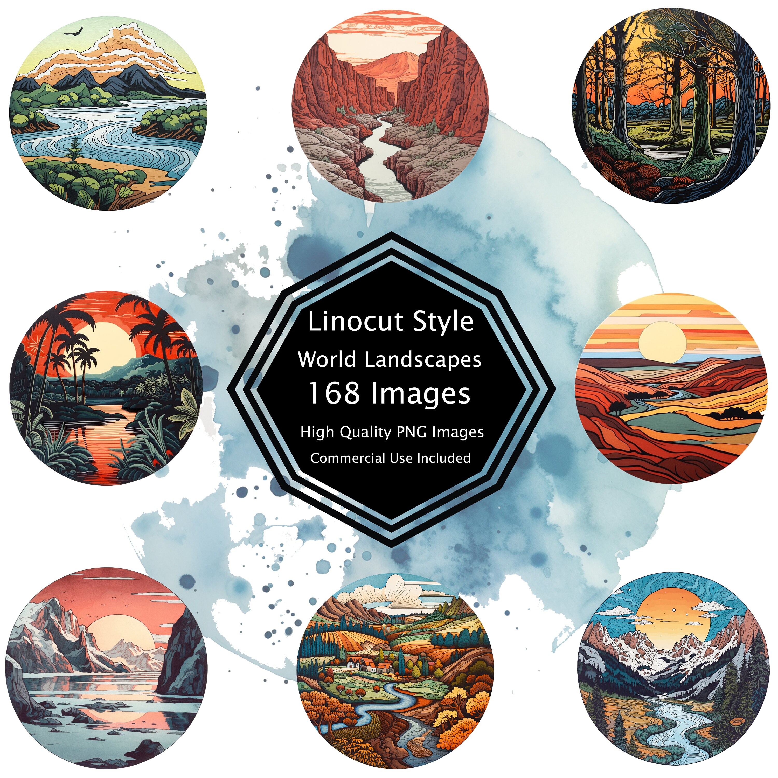 Linocut World Landscapes Clipart 168 PNG Mega Bundle, Biomes, Circular ...