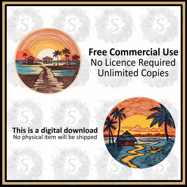 Linocut Tiki Huts Clipart - 28 PNG Bundle, Sunset Beach, Commercial Use ...