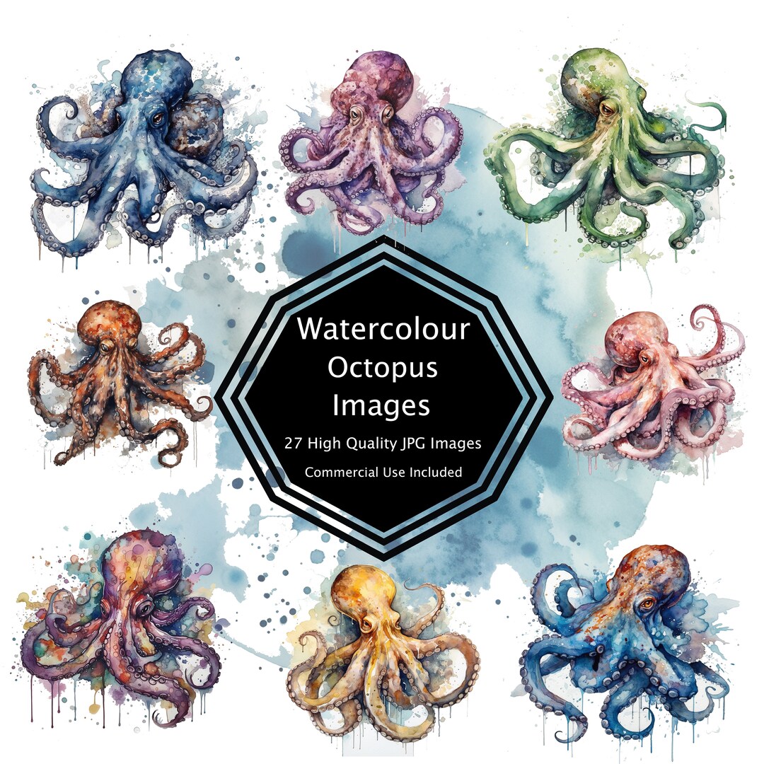 Watercolour Splash Octopus Clipart - 27 JPG Clipart Bundle, Octopus Art ...