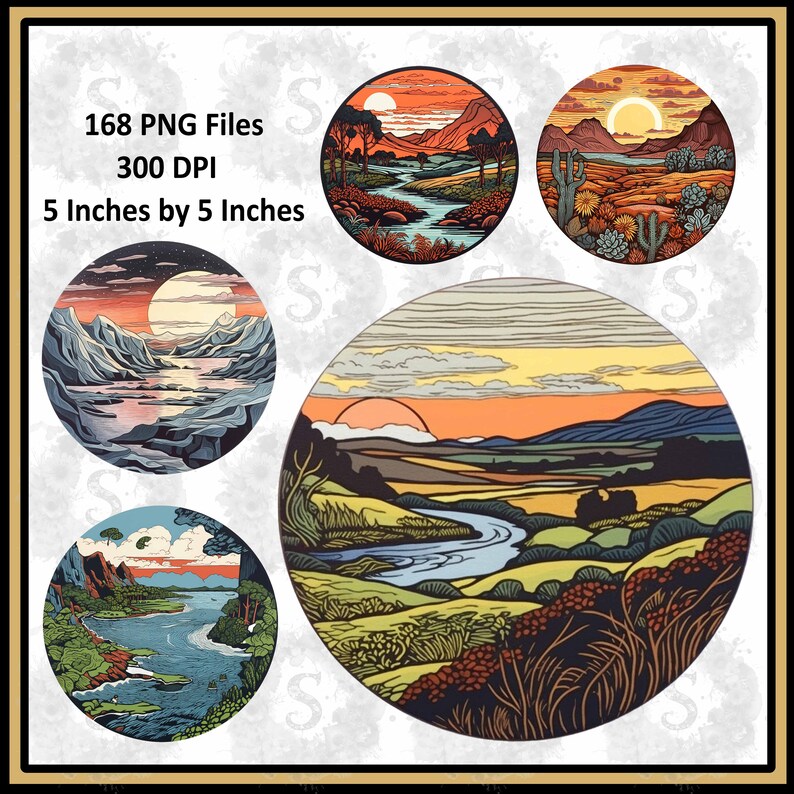 Linocut World Landscapes Clipart 168 PNG Mega Bundle, Biomes, Circular ...