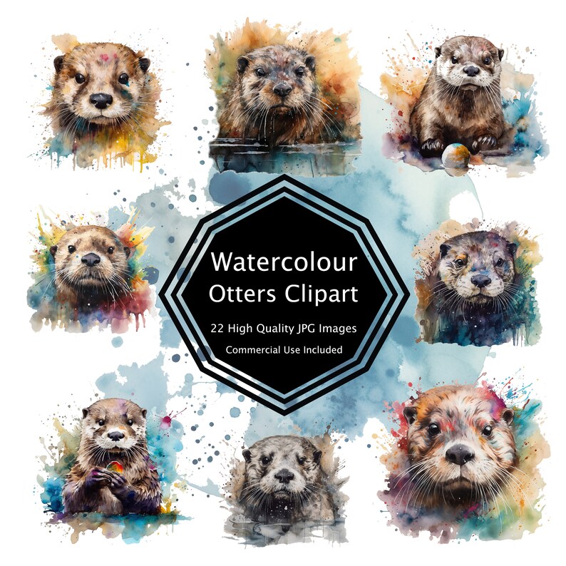 Watercolour Splash Otters Clipart - 22 JPG Clipart Bundle, Otter Faces ...
