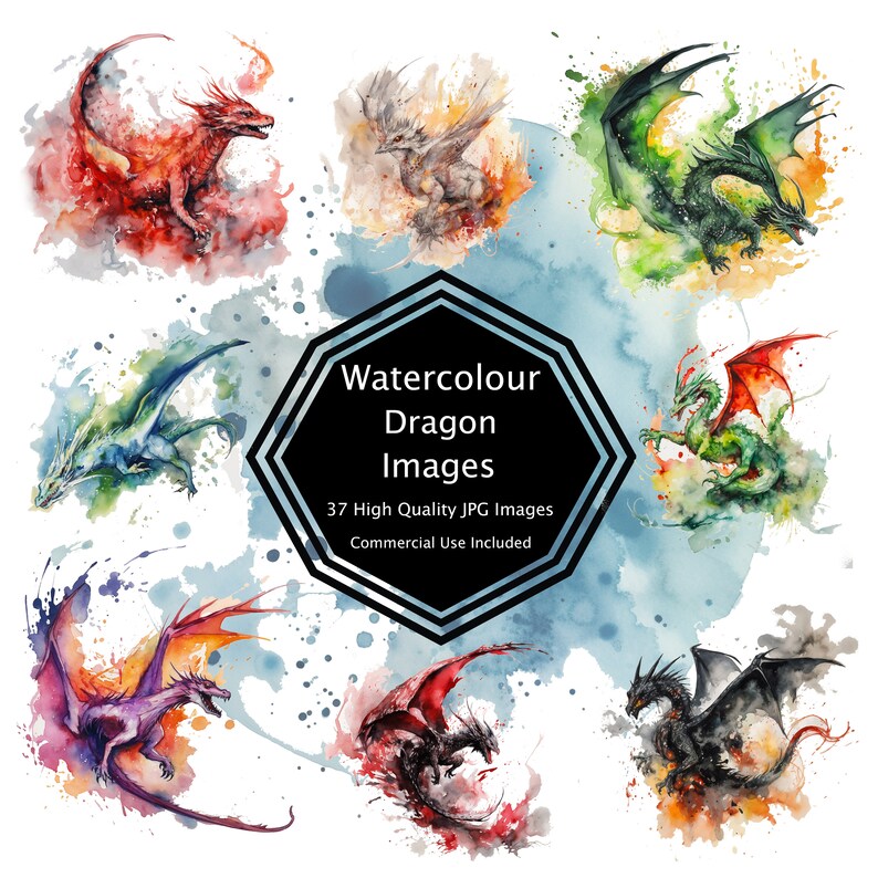 Watercolour Splash Dragon Clipart 37 JPG Clipart Bundle - Etsy