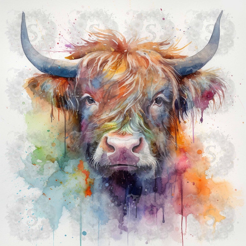 Watercolour Splash Highland Cow Clipart - 24 JPG Clipart Bundle, Cow ...