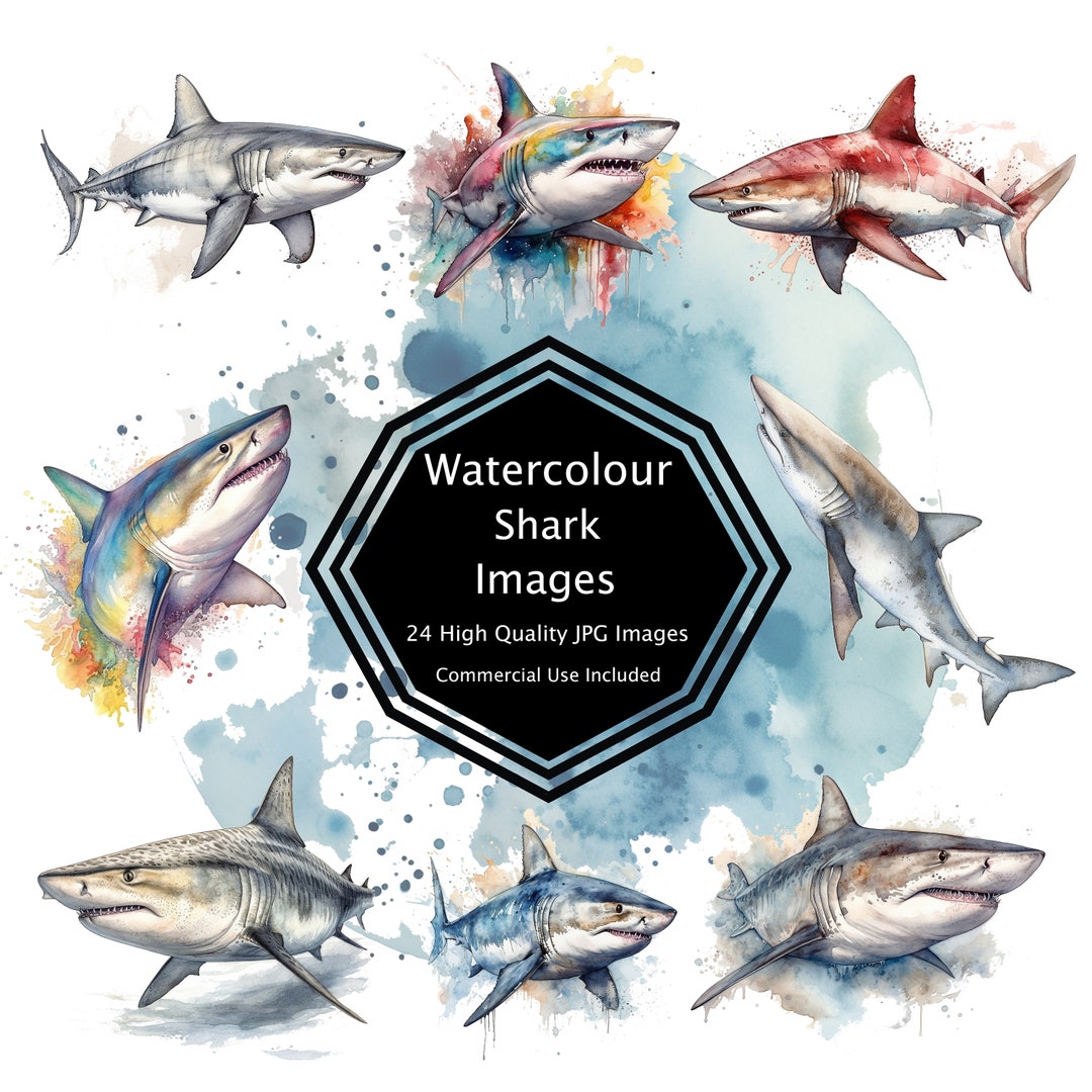 Watercolour Splash Shark Clipart - 24 JPG Clipart Bundle, Shark ...