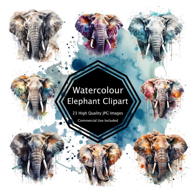 Watercolour Splash Elephant Clipart - 23 JPG Clipart Bundle, Elephant ...
