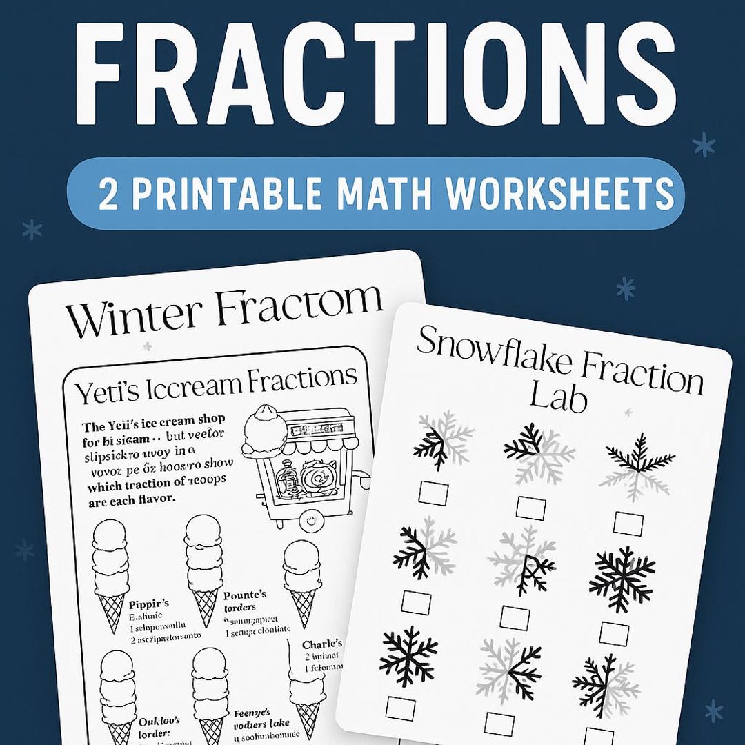 Winter Fractions – 2 Printable Math Worksheets - Etsy