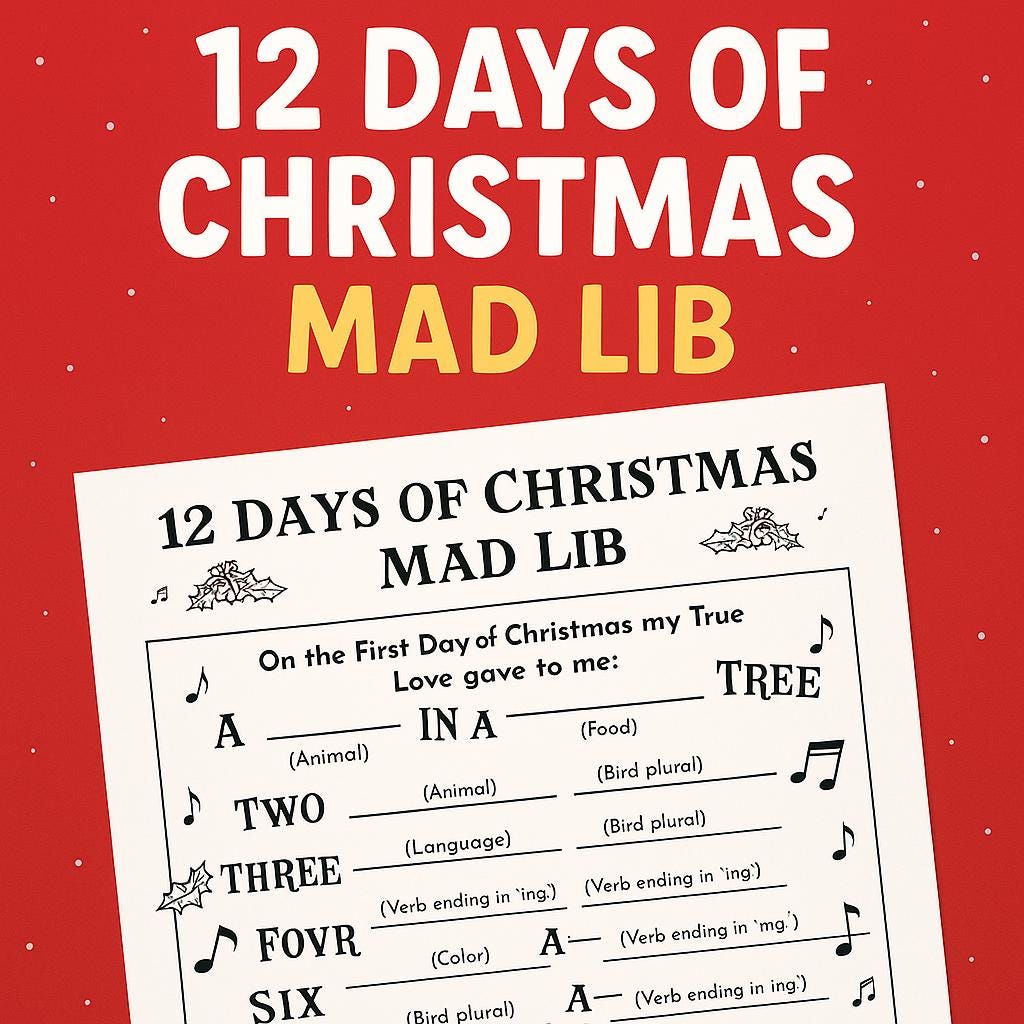 12 Days of Christmas Mad Lib | Funny Christmas Activity - Etsy