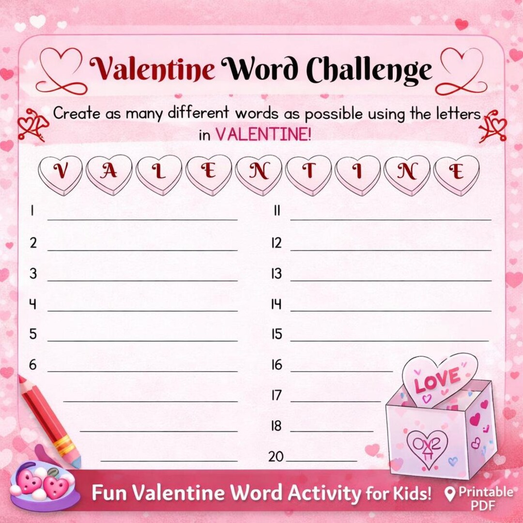 Valentine Word Challenge | Valentine Word Building Activity - Etsy