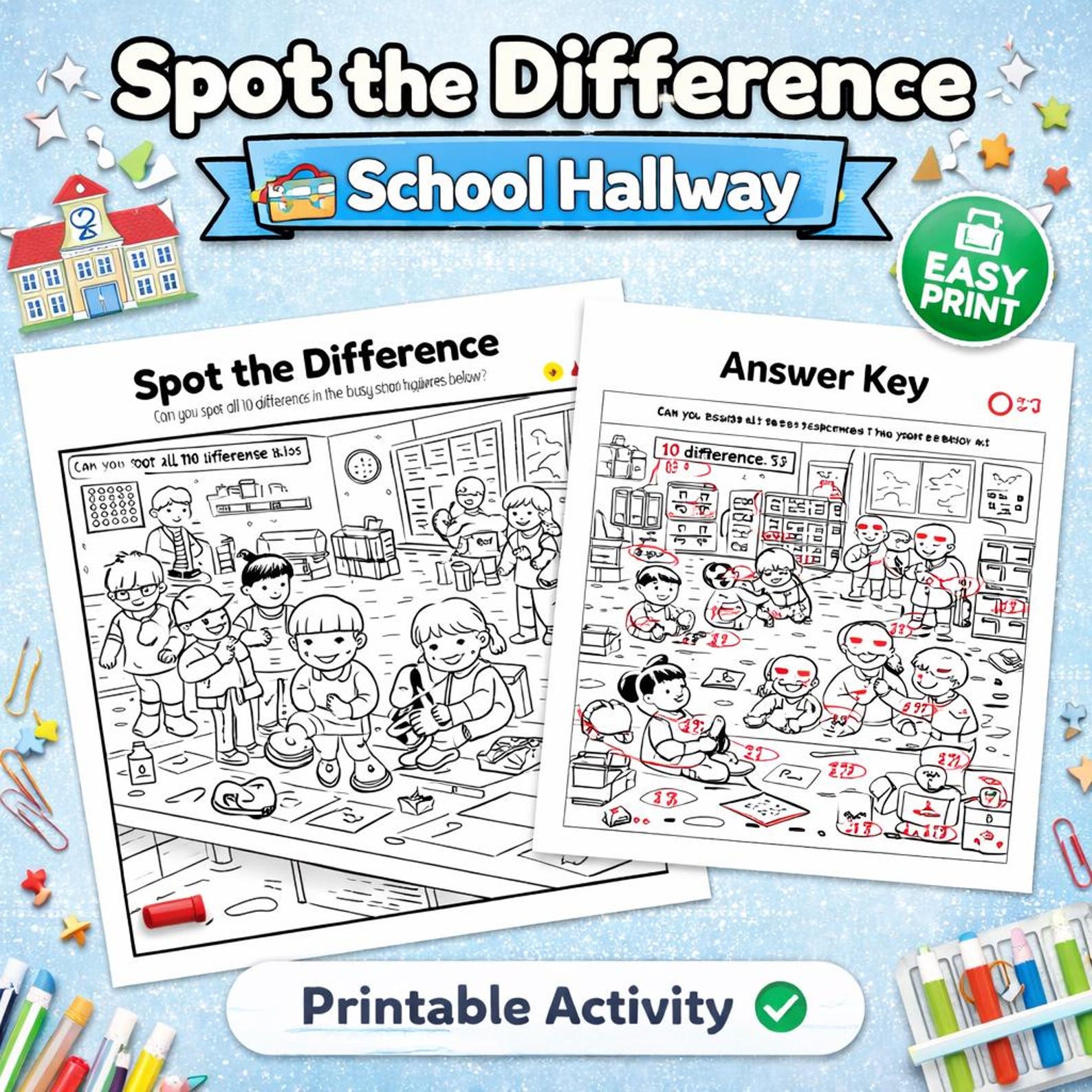 School Hallway Spot the Difference Printable | Find the 10 Differences ...