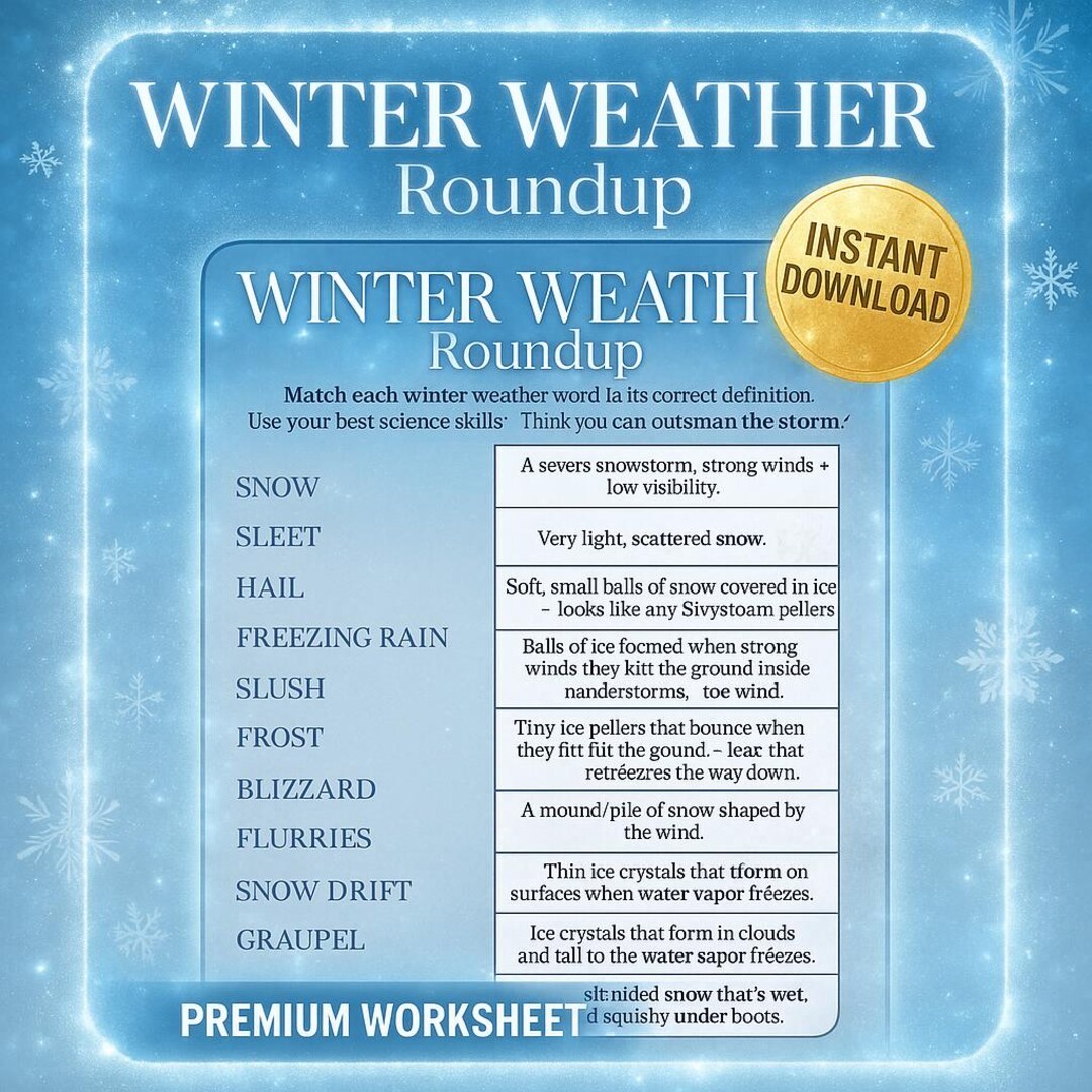 Winter Weather Vocabulary Worksheet – Science Matching Activity (PDF ...