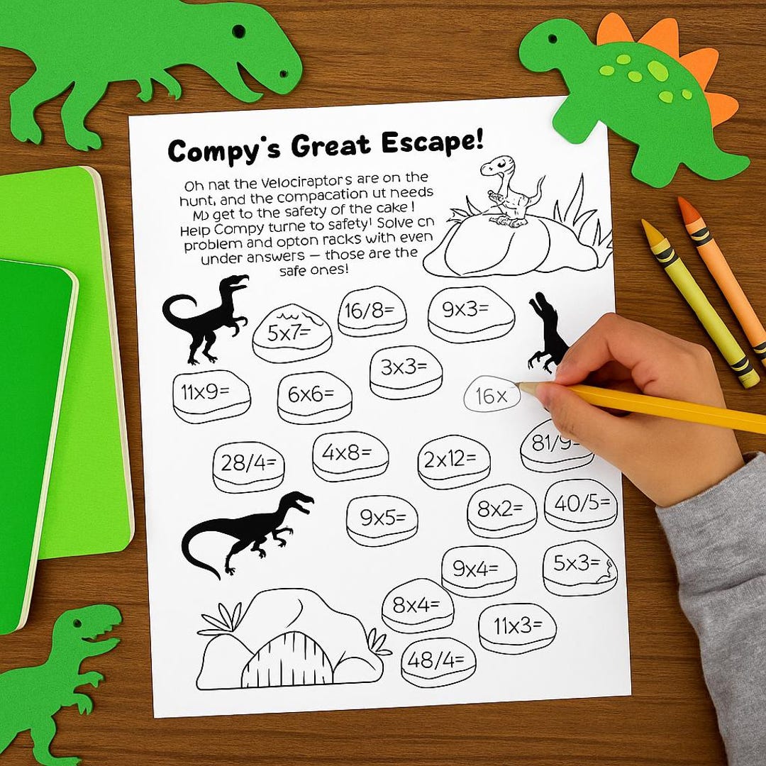 Dinosaur Math Game Printable Worksheet: Multiplication & Division (PDF ...