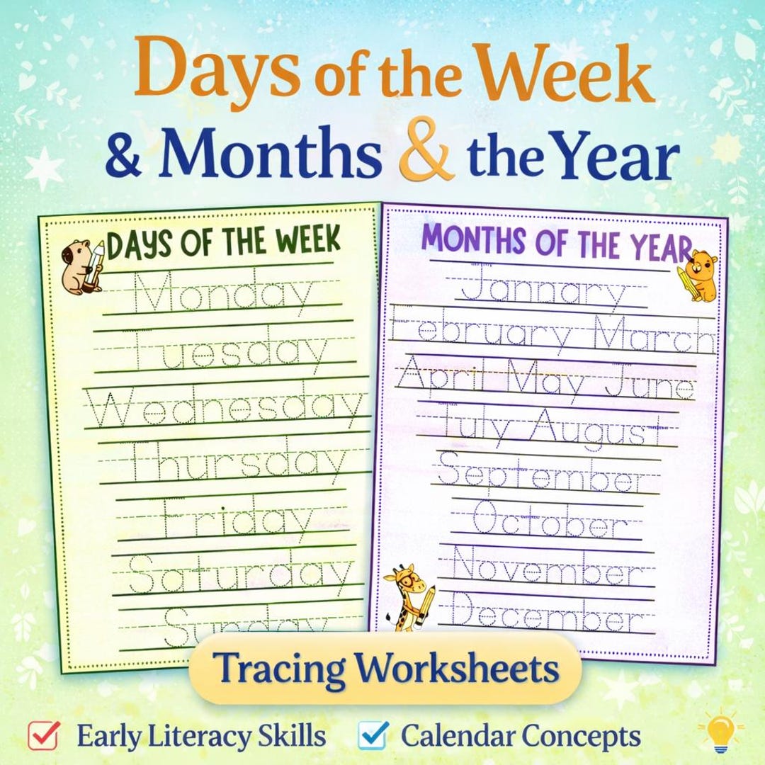 Days of the Week & Months of the Year Tracing Worksheets | Kindergarten ...