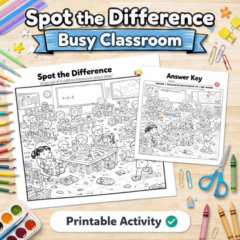 Spot the Difference Worksheets | Busy Classroom & Library | Find the 10 ...