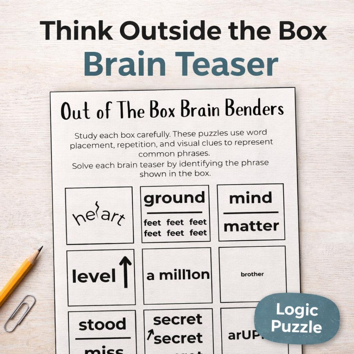 Think Outside the Box Brain Teaser Printable | Visual Logic & Rebus ...