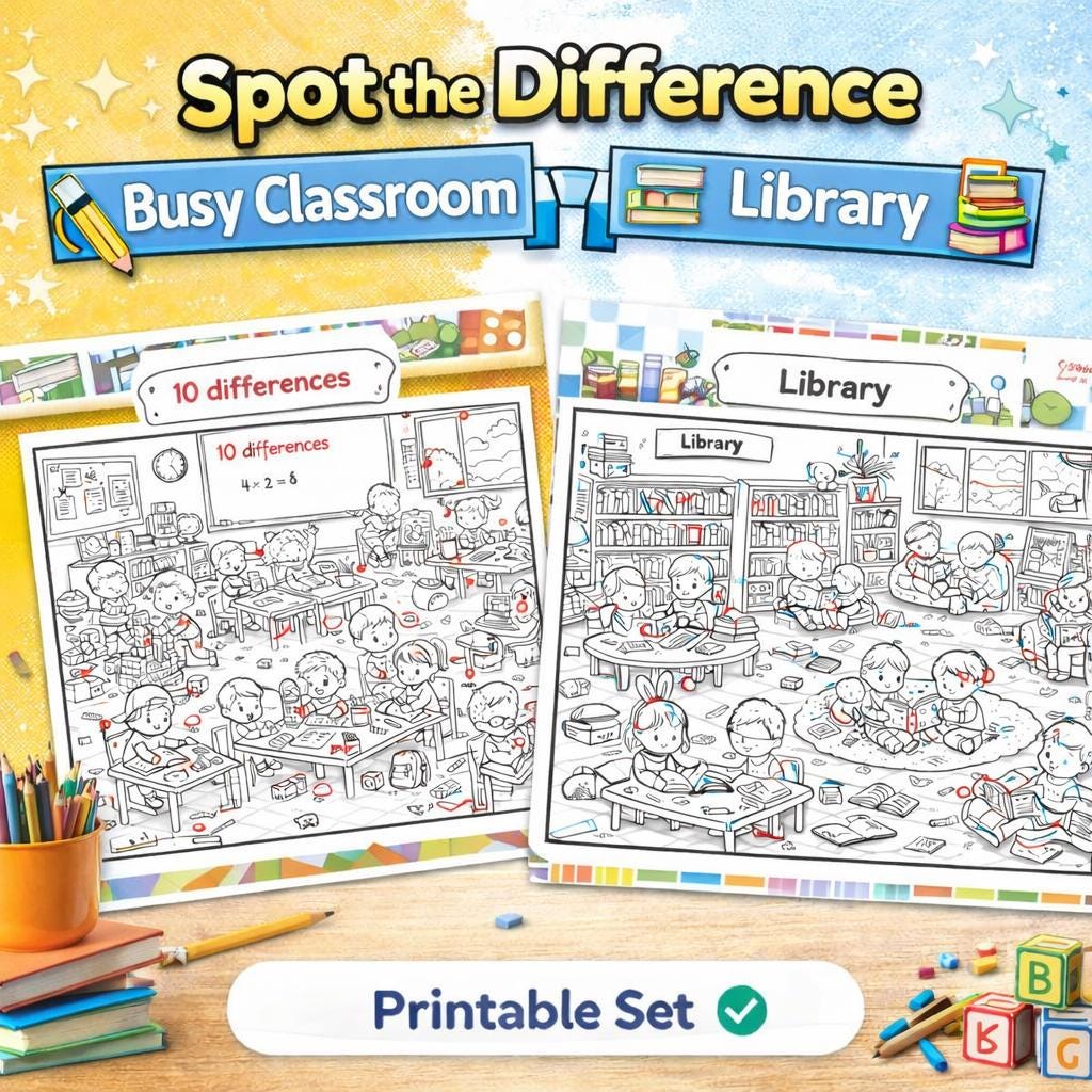 Spot the Difference Worksheets | Busy Classroom & Library | Find the 10 ...