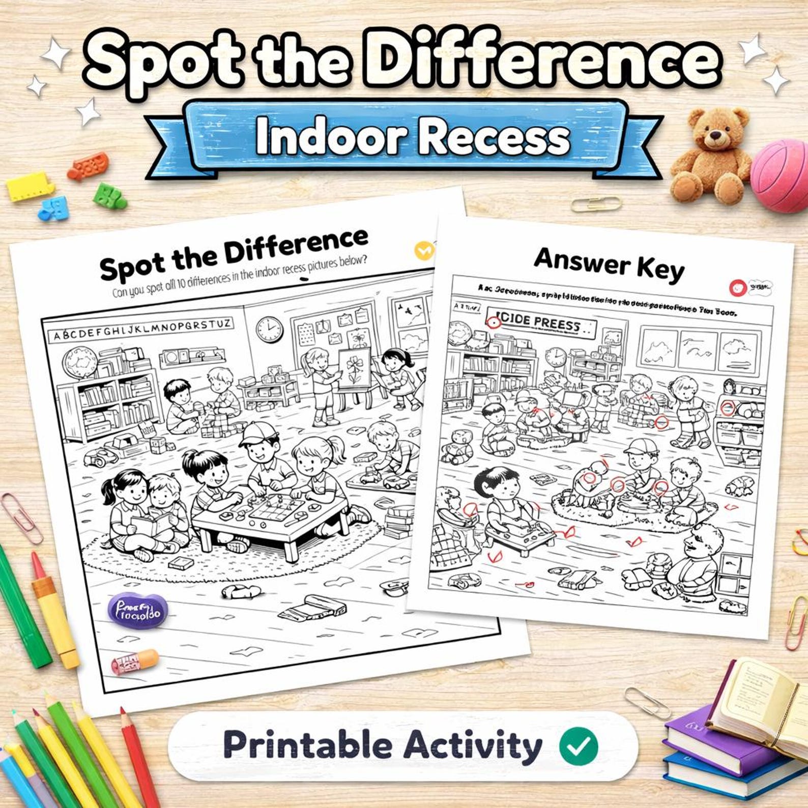 Indoor Recess Spot the Difference Worksheet | Busy Classroom Game ...