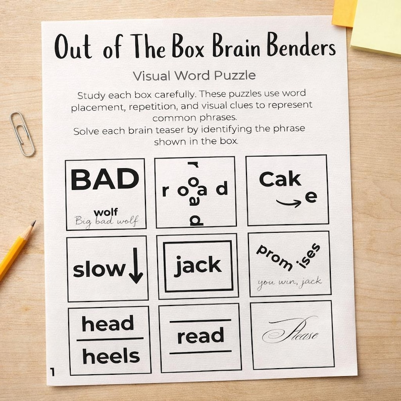 Out of the Box Brain Bender Printable | Visual Word Puzzle & Rebus ...