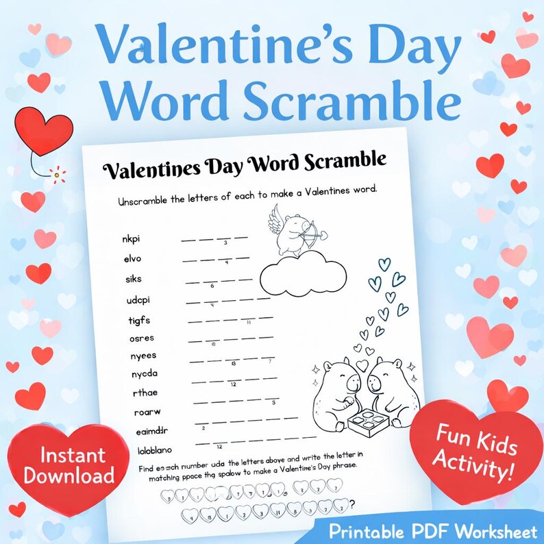 Valentine’s Day Word Scramble Printable | Kids Valentine Activity ...