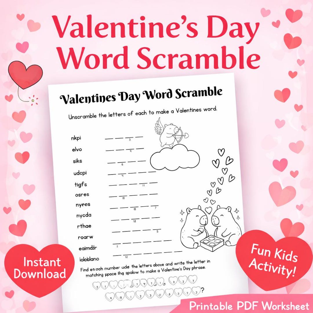 Valentine’s Day Word Scramble Printable | Kids Valentine Activity ...