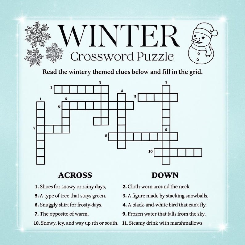 Winter Crossword Puzzle | Printable Activity for Kids | Classroom ...