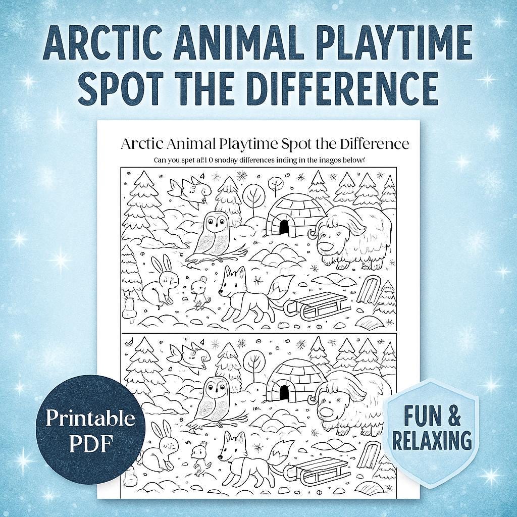 Arctic Animal Playtime Spot the Difference — Winter Worksheet for Kids ...