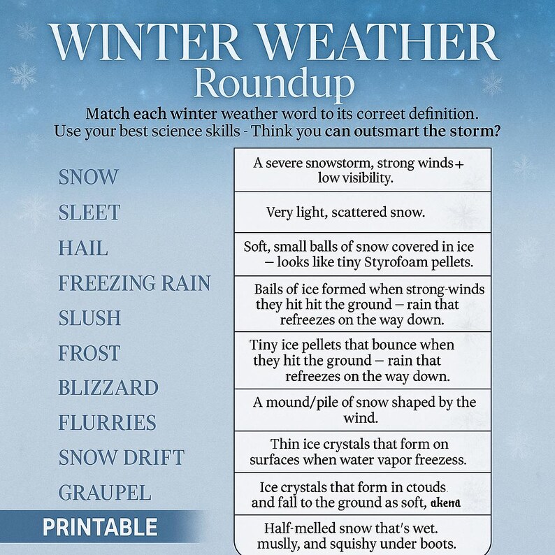 Winter Weather Vocabulary Worksheet – Science Matching Activity (PDF ...
