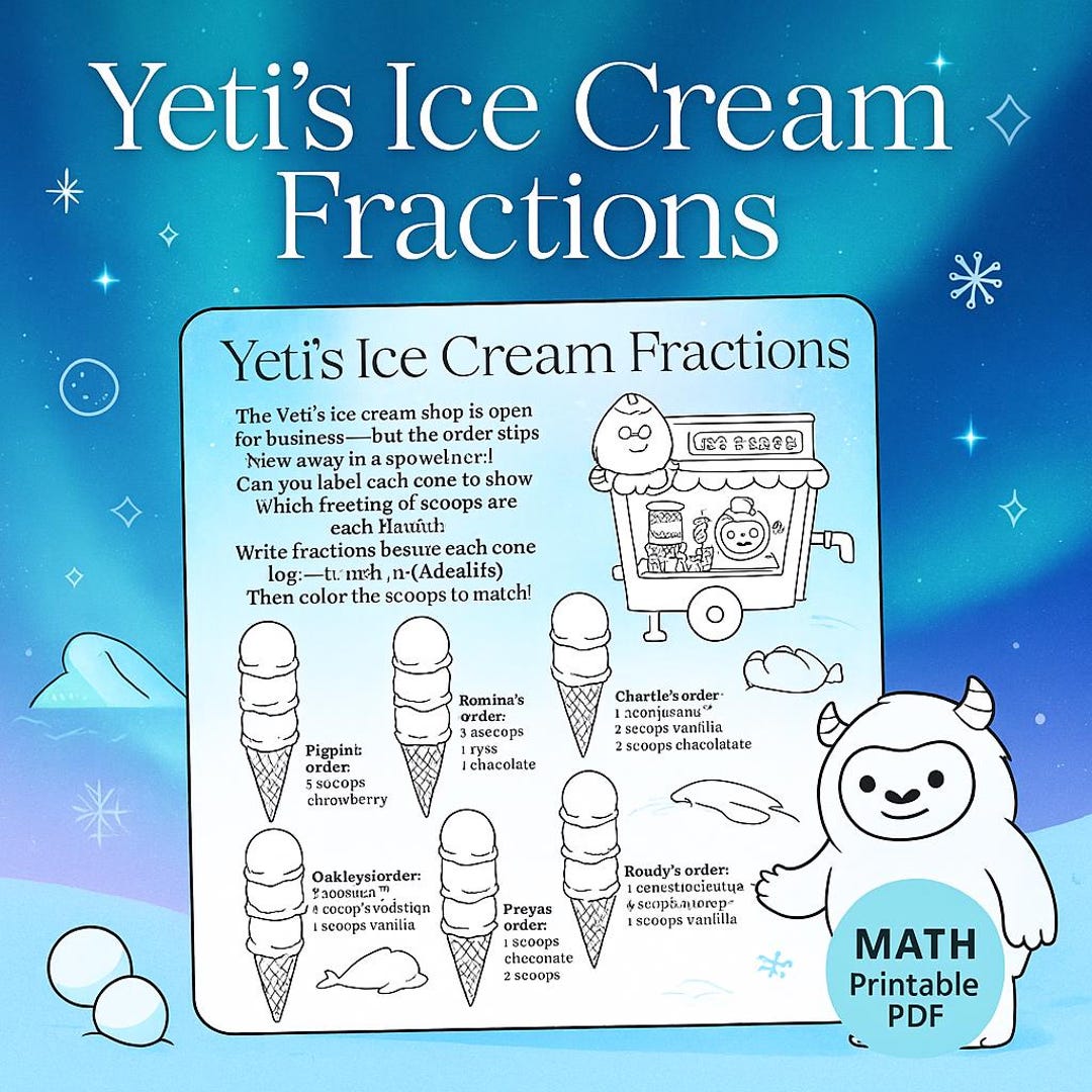 Yeti’s Ice Cream Fractions – Winter Fraction Worksheet | Fractions ...