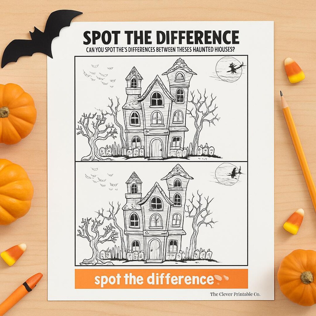 Halloween Spot the Difference Printable • Haunted House Puzzle ...