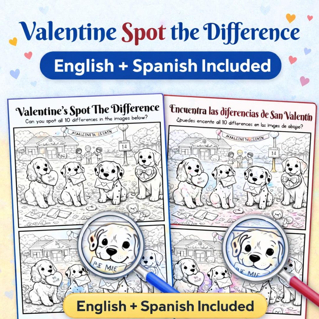 Bilingual Valentine Spot the Difference | English & Spanish | Find the ...