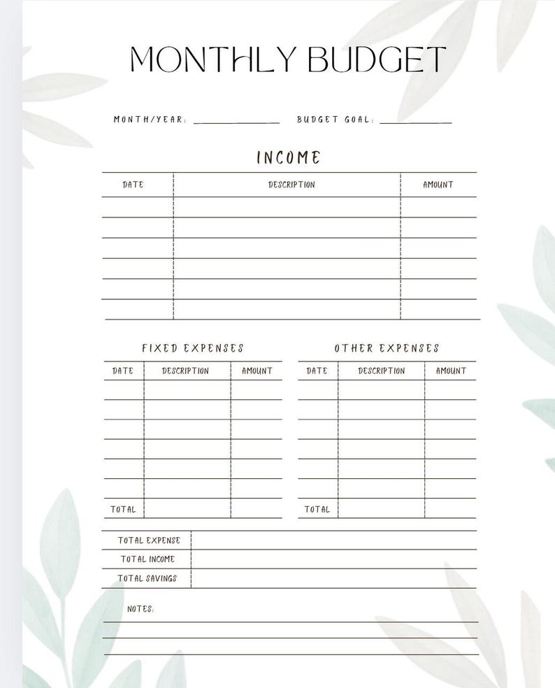 Printable Monthly Budget Planner: Income & Expense Tracker (PDF) - Etsy