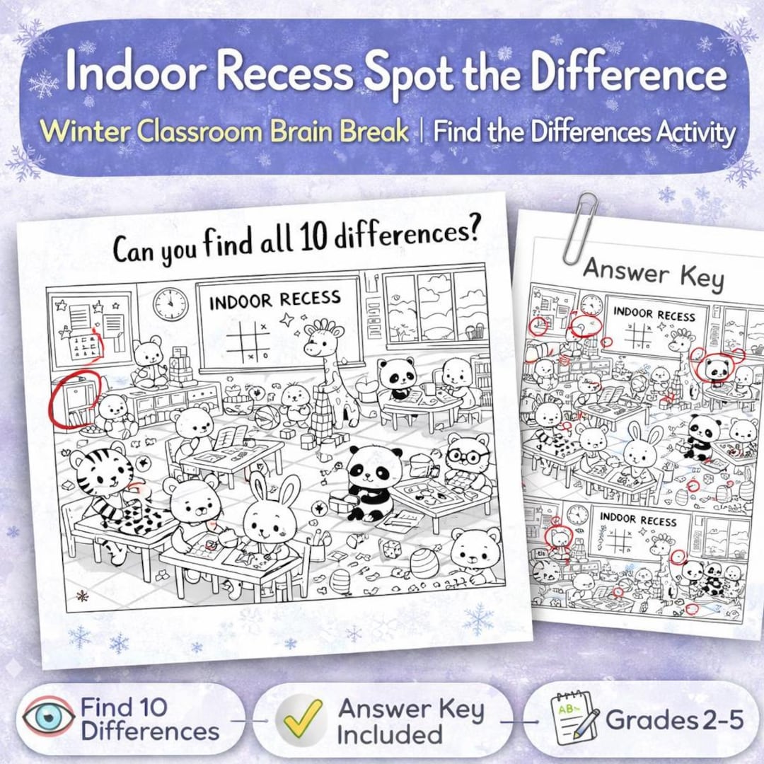 Indoor Recess Spot the Difference | Winter Classroom Brain Break | Find ...