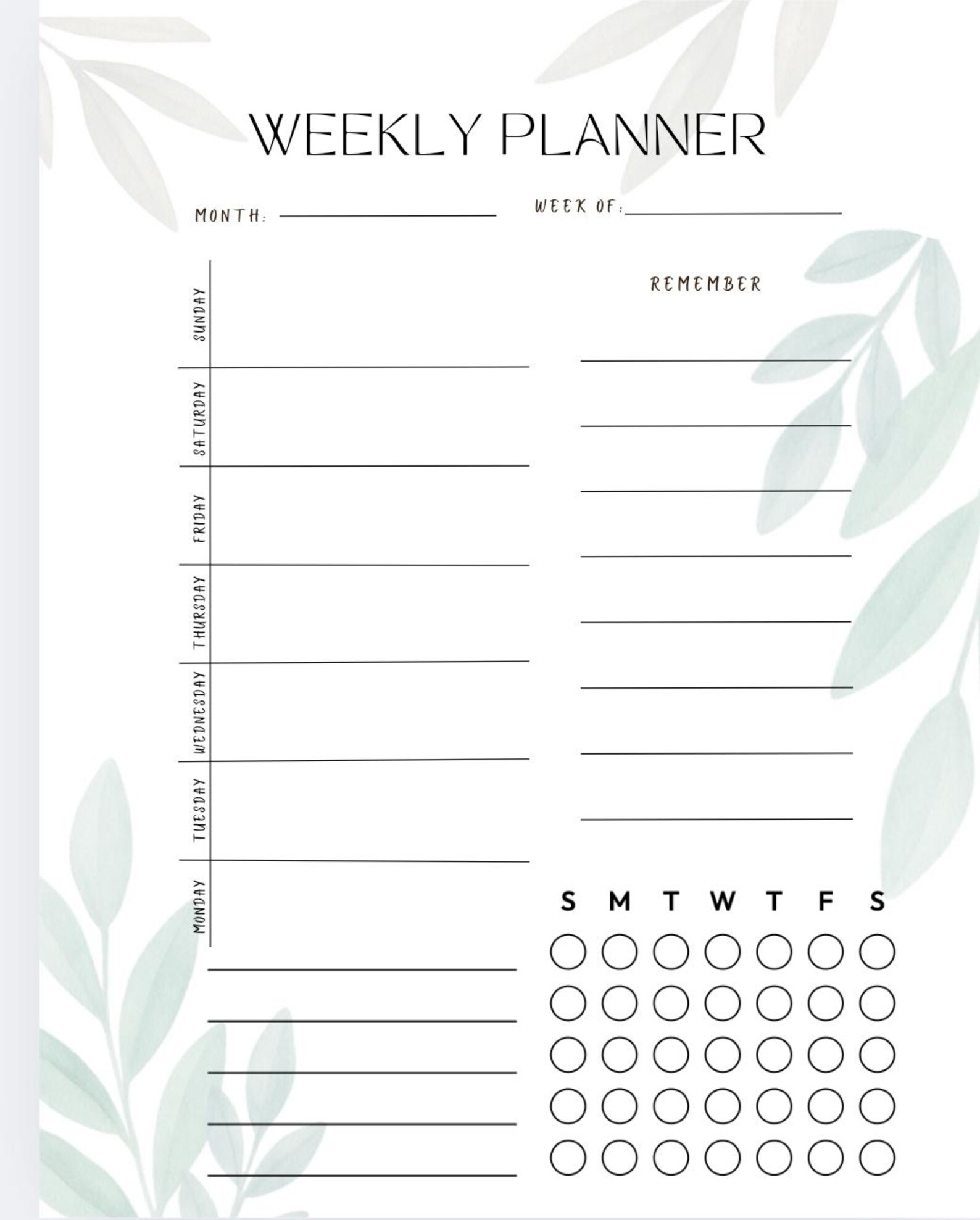 Minimalist Weekly Planner Printable: Habit Tracker, Botanical Design ...