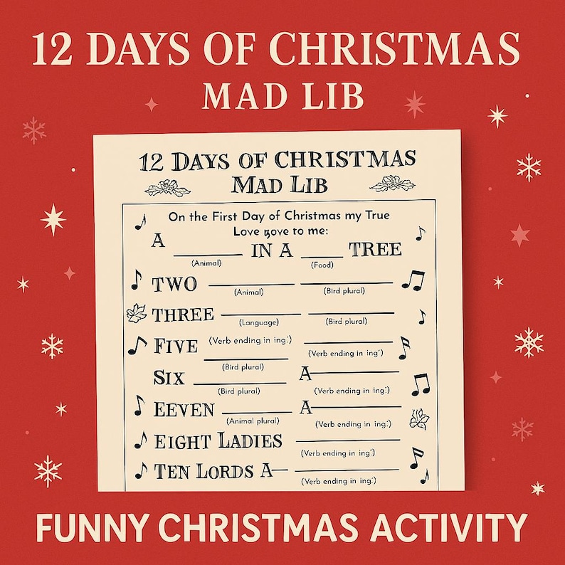 12 Days of Christmas Mad Lib | Funny Christmas Activity - Etsy